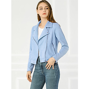Allegra K Women Short Soft Zip Up Faux Suede Biker Moto Jacket Small Light Blue