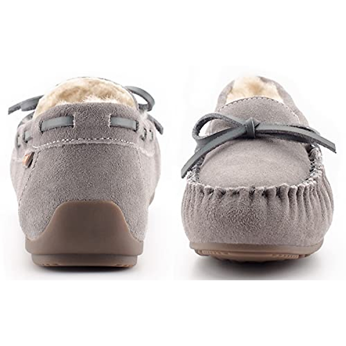 Parfeying Women's Sheepskin Moccasins Cow Suede Memory Foam Slippers Indoor Outdoor Shearling Winter Shoes,L20101 Grey 5US