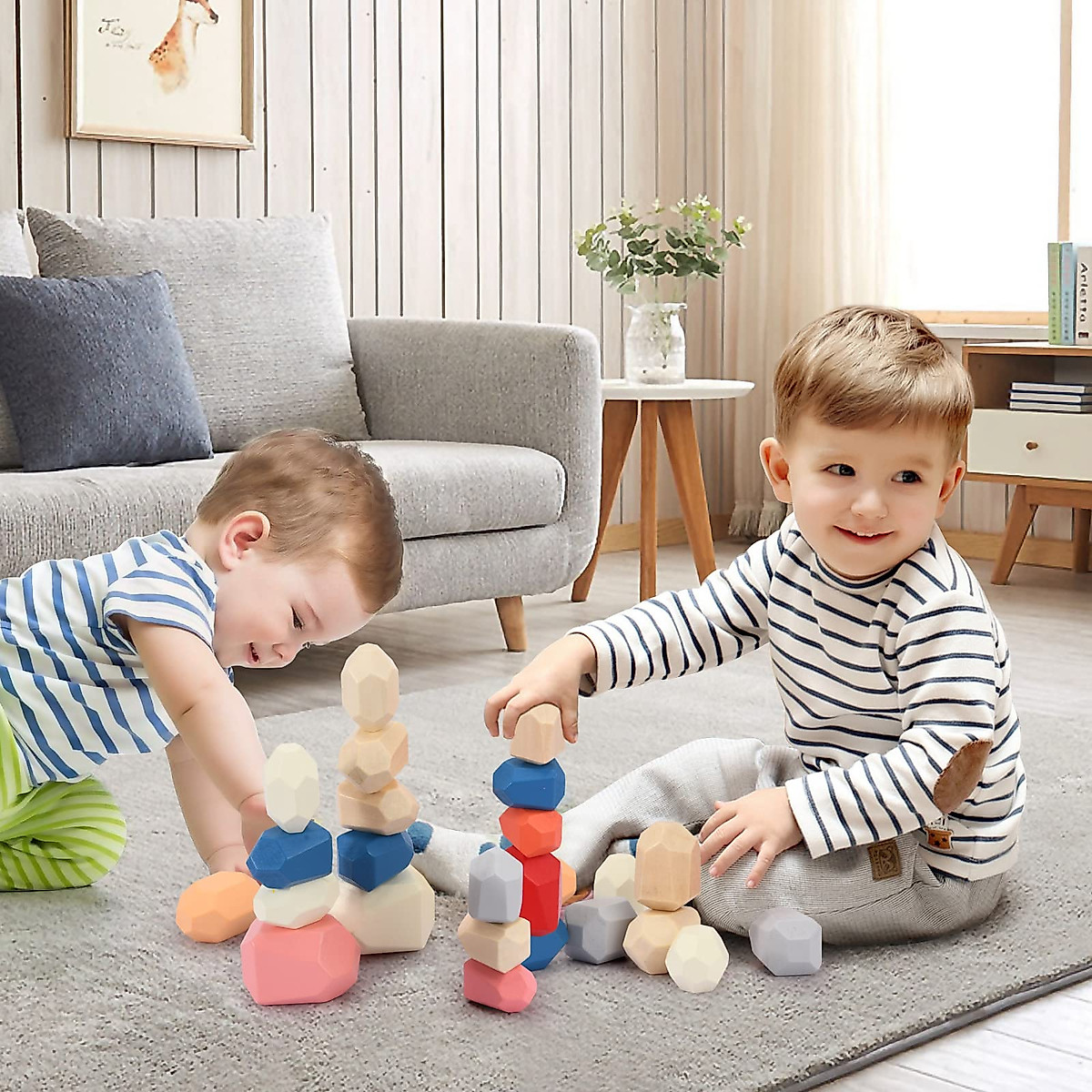 Oucles 36PCS Natural Wooden Stacking Balancing Stones Rocks for Toddlers Colorful Kids Preschool Learning Building Blocks Toys Educational Puzzle Game for Girls Boys 3 Years Up