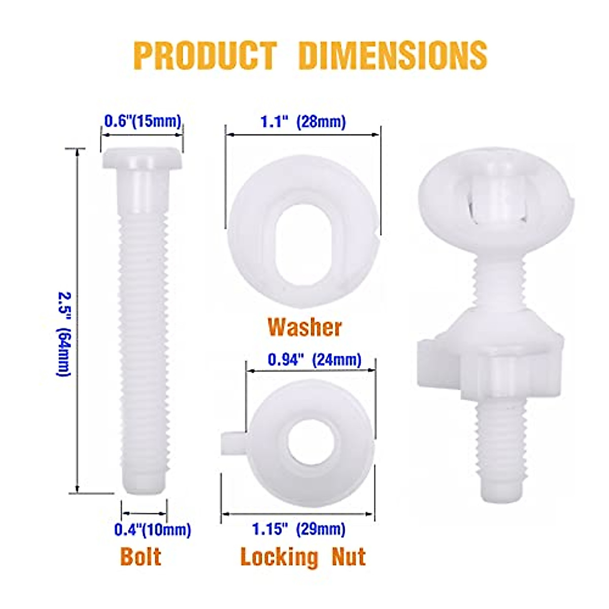 Jwodo Toilet Seat Screws, Universal Toilet Seat Hinge Bolts and Screws, with Plastic Toilet Seat Hinge Bolts, Nuts and Washers, Replacement Parts for Fixing Top Mount Toilet Seat Hinges (2 Packs)