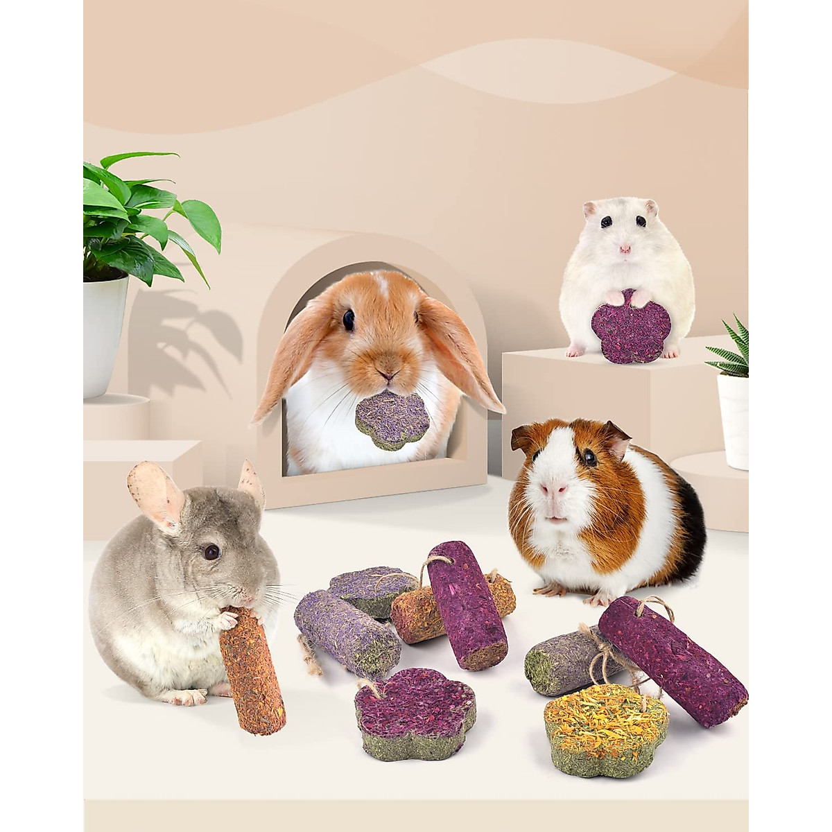 Bissap 12PCS Rabbit Chew Sticks, Hanging Chew Sticks & Cakes Timothy Hay Carrot Strawberry Treat for Bunny Chinchilla Guinea Pig Hamster and Other Small Pets Molar Snack Toy