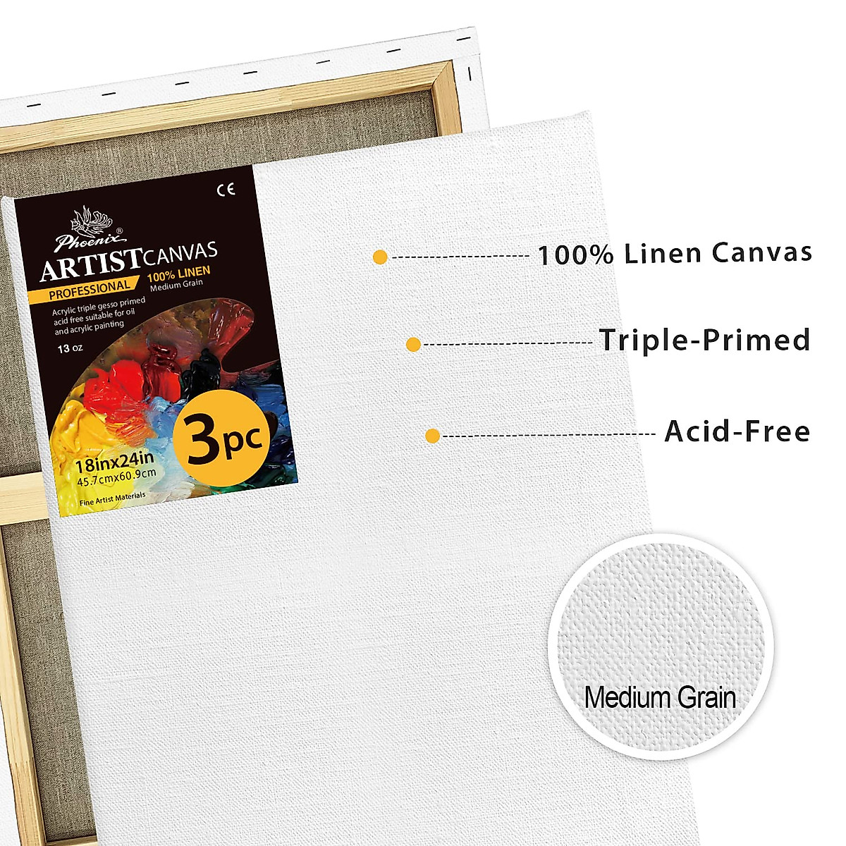 PHOENIX Large Belgian Linen Canvas for Oil Painting - 18x24 Inch/3 Pack Medium Texture, 3/4 Inch Profile - 13 Oz Triple Primed Blank Professional Stretched Archival Canvases for Acrylic Paints