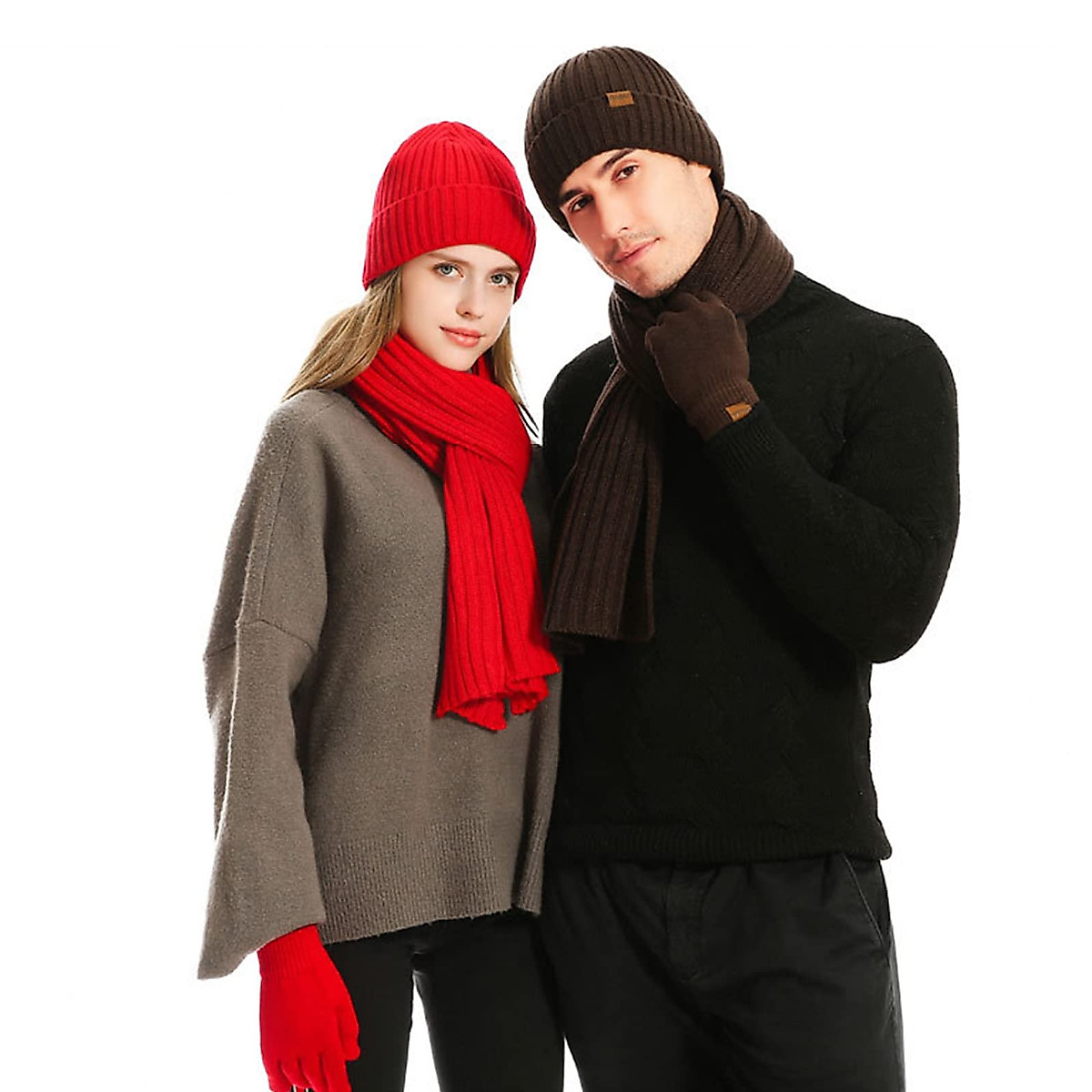 3Pcs Winter Beanie Hat Scarf Gloves Set for Men Womens Ski Cap Touch Screen Mittens Suit Couples Matching Hats for Men Women (Coffee)