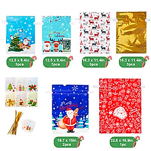HRX Package Holiday Gift Wrapping Bags Drawstring, 15pcs Christmas Foil Sacks Pouches with Gift Tag for Xmas Presents Party Favor