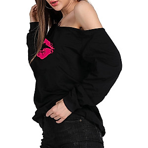 MAGICMK Woman’s Sweatershirt Lips Print Causal Blouse Off The Shoulder Long Sleeve Loose Slouchy Pullover Plus Size Tops…(XXXL)