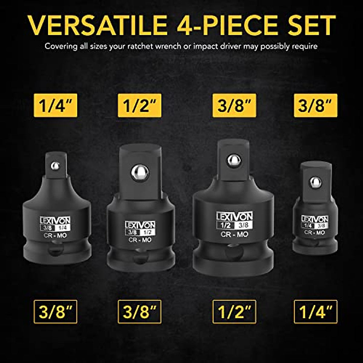 LEXIVON Impact Socket Adapter and Reducer 4-Piece Set | 1/4" - 3/8" - 1/2" Impact Driver Conversions, Chrome Molybdenum alloy steel (LX-112)