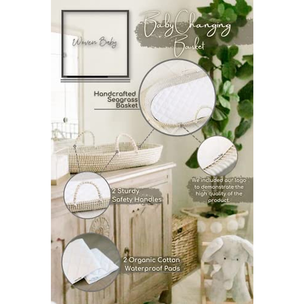 Baby Changing Basket - Handmade Moses Basket Changing Basket for Baby Table Topper - 2 Organic Cotton Washable Diaper Changing Pads CPSC Compliant