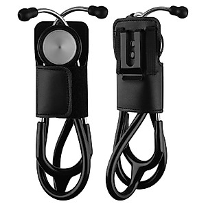 Beautyflier Black Soft Leather Stethoscope Holder with Clip for All Models: Littmann, ADC, MDF, Adscope, Perfect for Physicians, Nurses, EMT, Medical Nursing Students, Work with Comfort (Black)
