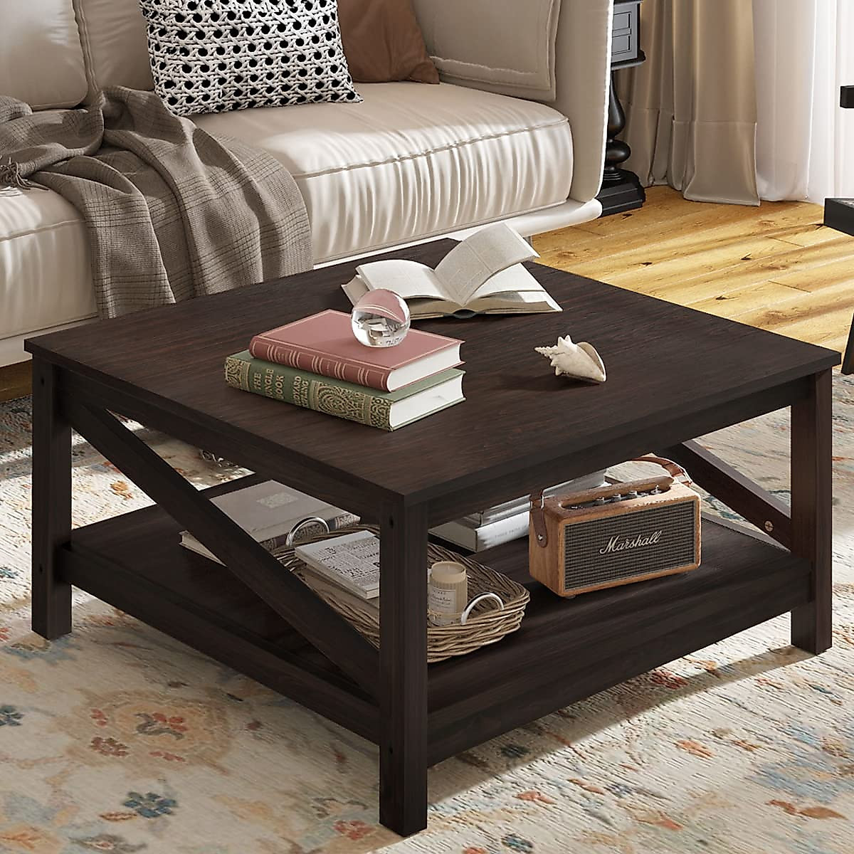 YITAHOME 2-Tier Square Coffee Tables with Storage,Coffee Table for Living Room,Center Table Coffee Table for Home,Wood Living Room Table Industrial Small Farmhouse Cocktail Table, Espresso