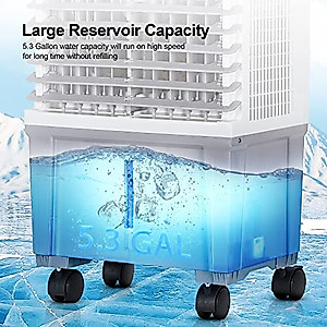 Uthfy Evaporative Air Cooler, Swamp Cooler with 5.3 Gallon Reservoir, 4 Ice Box, Remote, 12H Timer, 70°Oscillation Air Cooler Cooling Fan with 3 Speeds for Bedroom Home Office