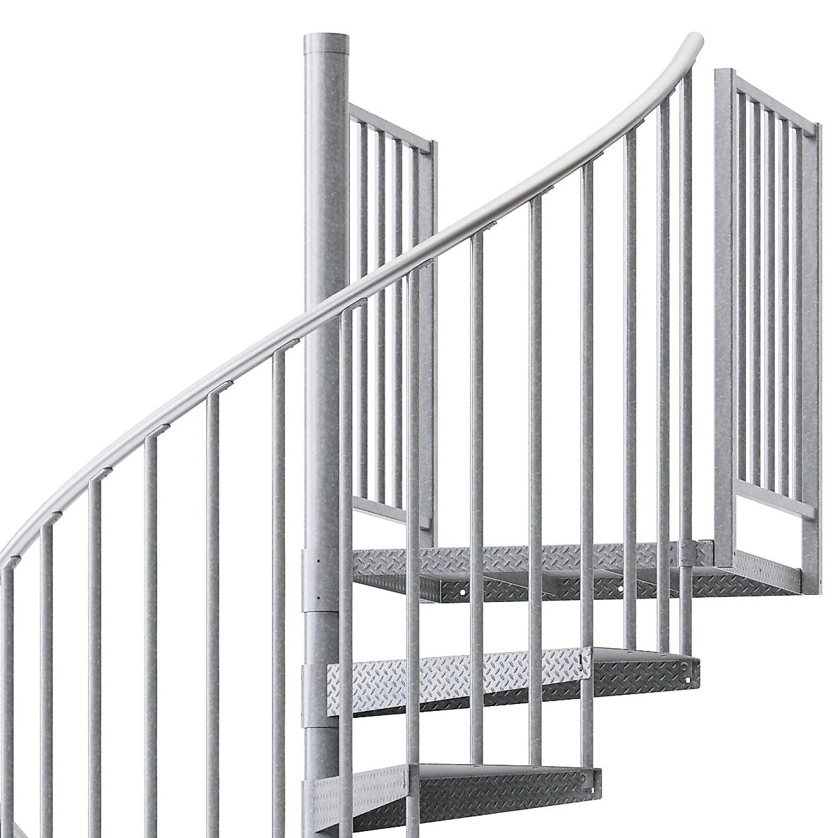 Mylen STAIRS Reroute Galvanized Exterior 60in Diameter, Fits Height 136in - 152in, 2 36in Tall Platform Rails Spiral Stair Kit