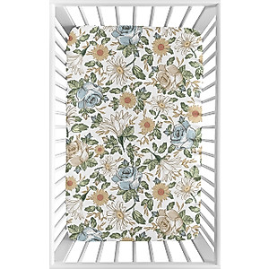 Sweet Jojo Designs Vintage Floral Blue Yellow Girl Fitted Mini Crib Sheet Baby Nursery for Portable Crib - Slate Green Gold Orange Taupe Beige Shabby Chic Rose Flower Boho Bohemian Farmhouse Roses