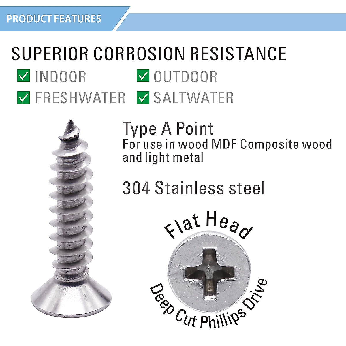 Jetovo 150 Pack 304 Stainless Steel Flat Head Phillips Self Tapping Screws Phillips Drive Wood Screw Assortment Kit - Size: #8 x 1/2" #8 x 3/4" #8 x 1"