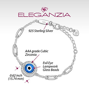 ELEGANZIA Greek Evil Eye Bracelet Turkey Sterling Silver, CZ Third Eye Bracelet for Women Men, Link Bracelet Amulet for Teen Adjustable 6.5" - 8"