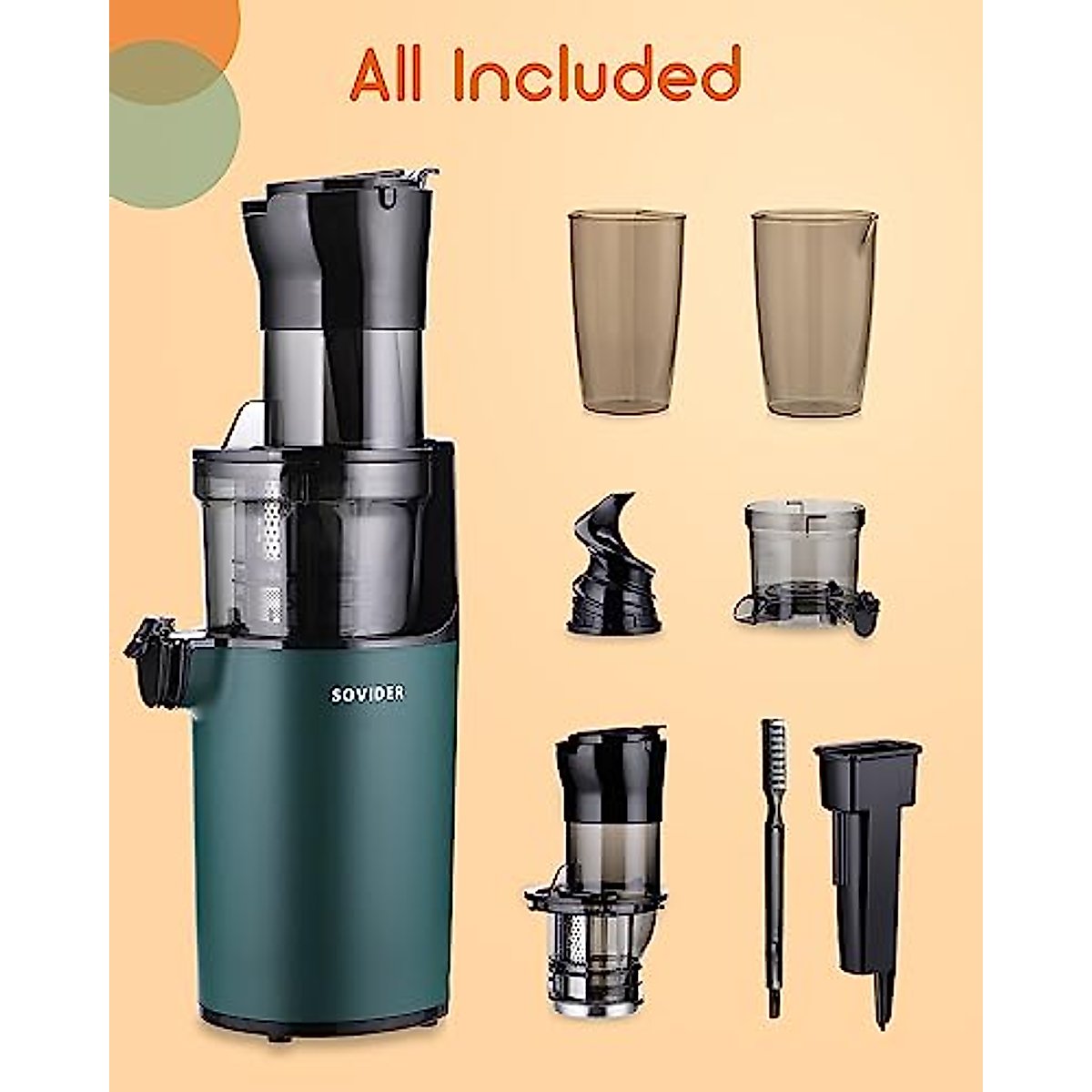 SOVIDER Compact Slow Masticating Juicer Machines- Up to 92% Juice Yield and 3.1" Wide Chute Cold Press Juicer for High Nutrient Fruits Vegetables Easy Clean with Brush Pulp Measuring Cup Reverse