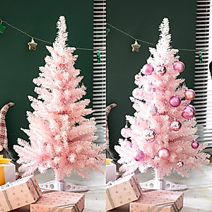 Senjie 3FT Mini Christmas Tree, 160 PVC Branch Tips, Cherry Blossom Pink, Battery Operated