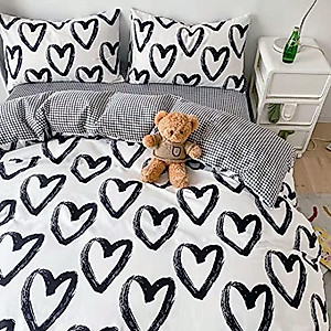 Wellboo Love Comforter Sets Queen Black and White Bedding Comforters Cotton Women Girls Heart Shaped Bed Quilts Brush Ink Love Pattern Quilts Adults Girls Modern Kawaii Black White Dorm Comforters