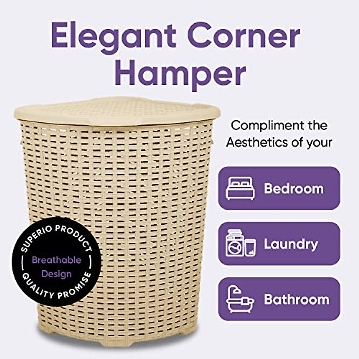 Plastic Corner Laundry Hamper with Lid, Curved Designed Laundry Basket, 2 Pack Triangle Beige Cloths Hamper Organizer with Cut-out Handles for Laundry Room Bedroom Bathroom, Wicker Design, 50 Liter
