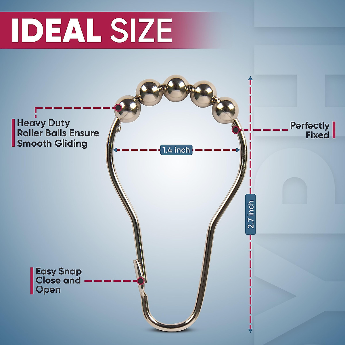 Shower Curtain Hooks Rust Proof (Set of 12) - Stainless Steel Shower Curtain Rings - Anti Slip Roller Balls for Easy Glide (Secure Lock Hooks, Polished Nickel)