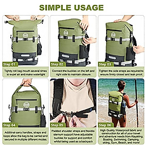 STOVER Waterproof Dry Bag Backpack 35L for Kayaking, Heavy Duty Roll-Top Closure Floating Bag with Front Pocket and Reflective Strip for Outdoor Water Activities (Green)
