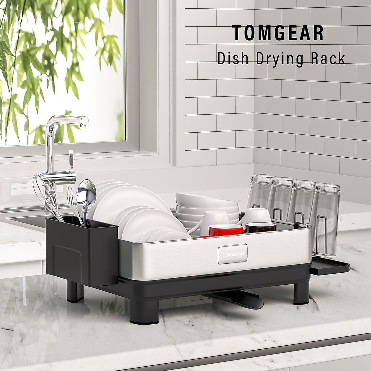 TomGear Large Dish Drying Rack, Dish Drainers with 360°Rotatable Spout, Cup Holder, Utensil Holder and Removable Drainboard, Space-Saving Dish Drainers for Kitchen Counter