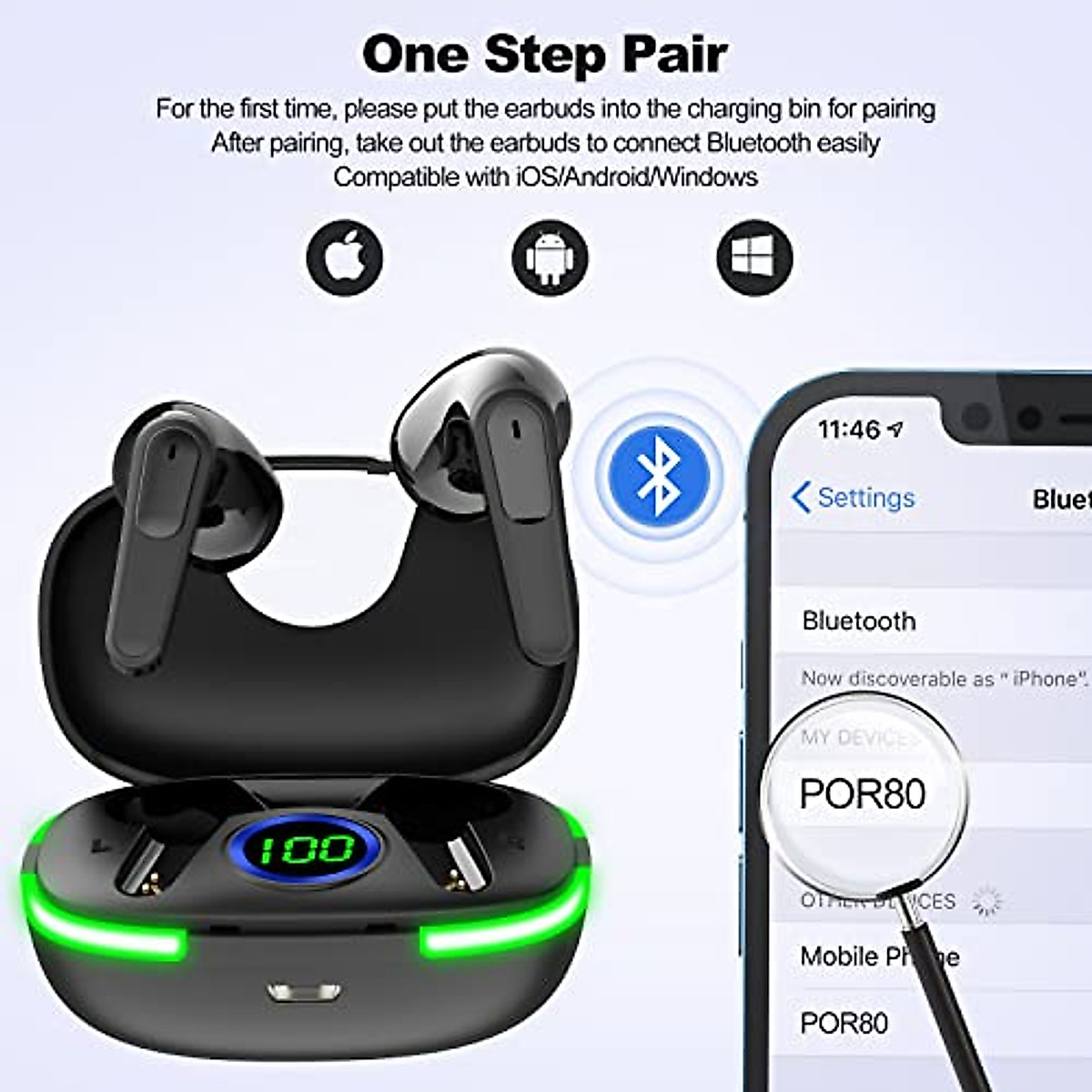 TUOTUER Wireless Earbuds Bluetooth 50H Playtime IPX4 Rating Sweat Waterproof Resistant V5.1 Bluetooth Headphones Built-in Mic Active Noise Cancellation Earphones Compatible with iPhone Android
