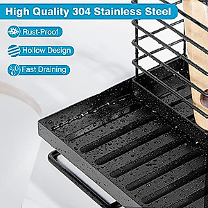 Purboah Sink Caddy Organizer,Kitchen Caddy for Sponge Dishcloth Brush Holder with Black Drain Tray and 2 Sponges 304 Stainless Steel Rustproof