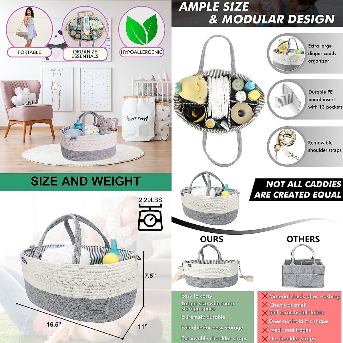 Extra Large Baby Diaper Caddy Organizer - Baby Basket Diaper Storage and Baby Caddy Nursery Organization - Diaper Organizer Changing Table Storage - Portable Rope Diaper Caddy with Baby Storage Basket