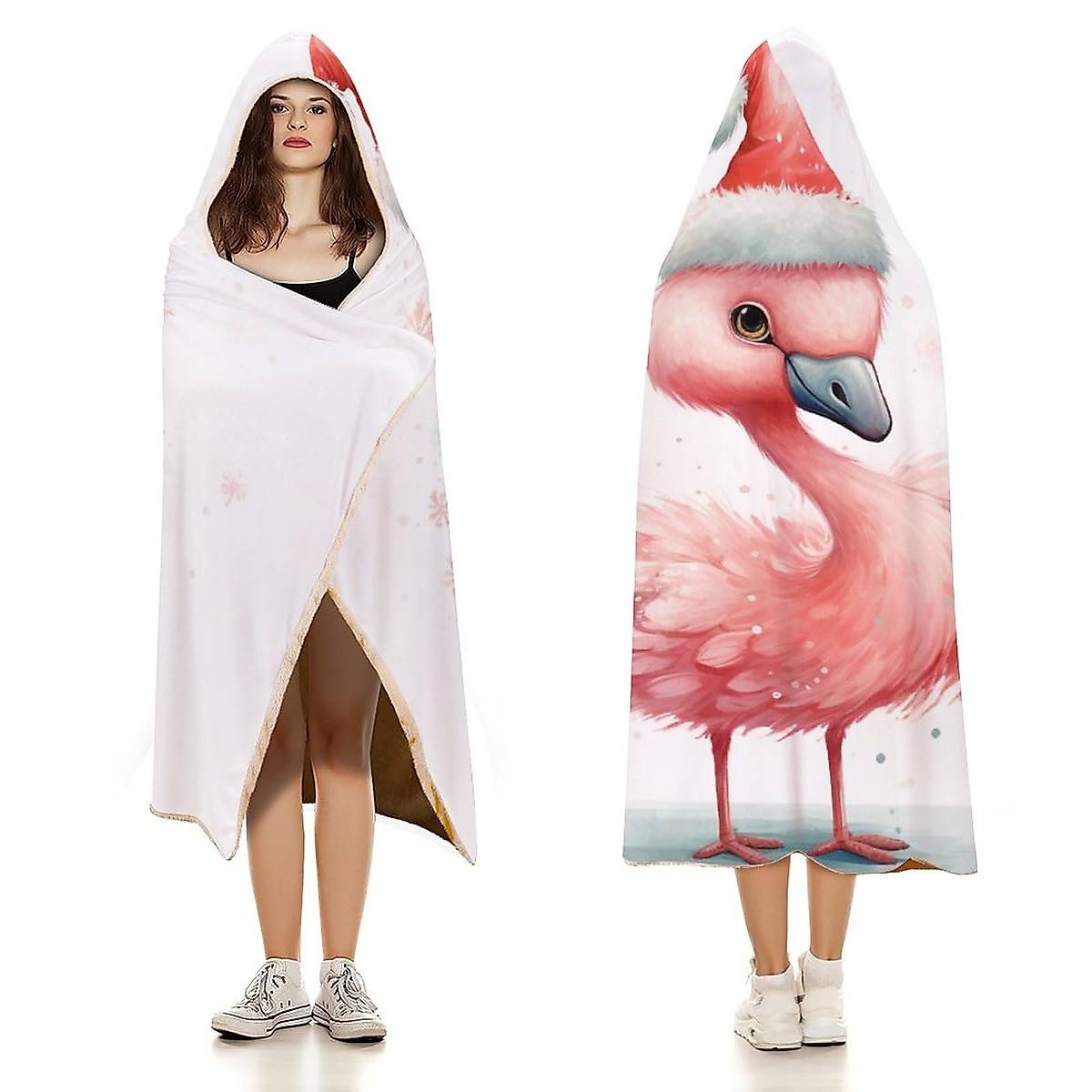 Hooded Blankets Flamingos Wear Santa Hats Wearable Hooded Blanket Cape Winter Flamingo Fleece Blanket Cloak Cape Blanket Fit for Kids Adults Teens for Couch Bed 40"x50" Spring Summer Blanket Hoodie