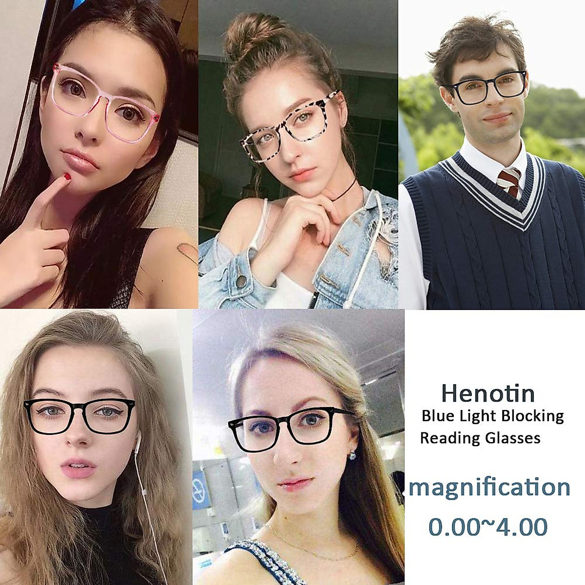 Henotin 4-Pack Blue Light Blocking Reading Glasses Women Men,Spring Hinge Computer Readers,Anti UV Ray Square Nerd Eyeglasses (Mixed Color, 0.75, Diopters)