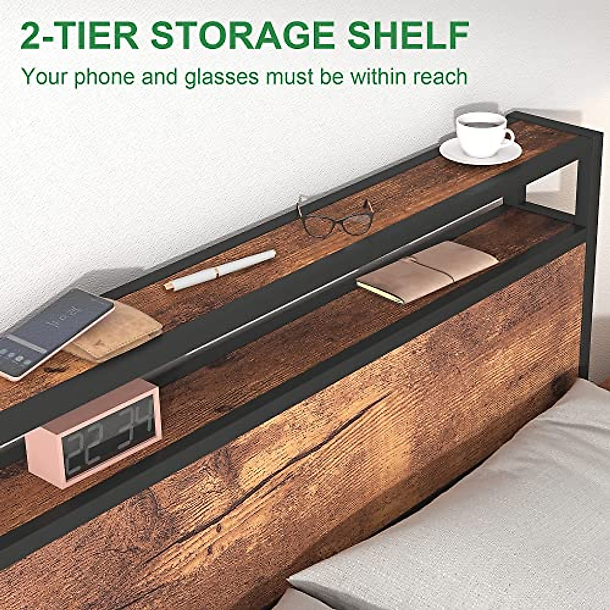 Osfvolr Full Size Bed Frame, Industrial Metal Platform Bed Frame with 2 Tier Storage Wooden Headboard and Footboard, Large Under Bed Storage, No Box Spring Needed, Easy Assembly, Vintage Brown