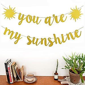 Morndew 2 Set Gold Glitter You are My Sunshine Banner for Kids Theme Birthday Party Gender Reveal Party Baby Shower Bunting Decorations