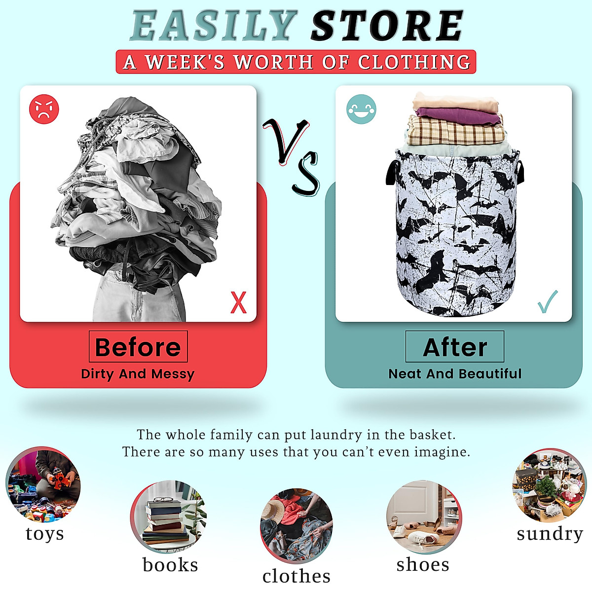 Black White Bats Laundry Basket Foldable With Handles Universal Tote Bag Oxford Cloth Funny Laundry Hamper 18.9" x 16.5" Clothes Storage Bucket Toy Organizer For Bathroom/Laundry/Bedroom