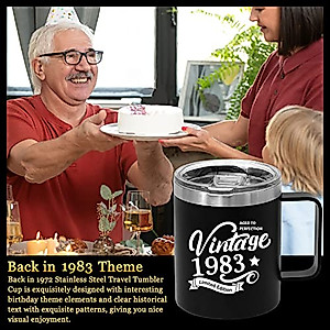 Vintage 1983 Stainless Steel Insulated Coffee Mug with Handle, 40th Birthday Stainless Steel Travel Coffee Cup with Lid Gifts for Women Men, 40th Birthday Spill Proof Reusable Thermos Coffee Mug 12oz