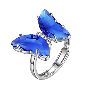 Blue Butterfly Heart Ring Adjustable Women 925 Sterling Silver Animal Butterflies September Created Sapphire Birthstone Sapphire Open Ring Crystal Wedding Birthday Jewelry DR0133S
