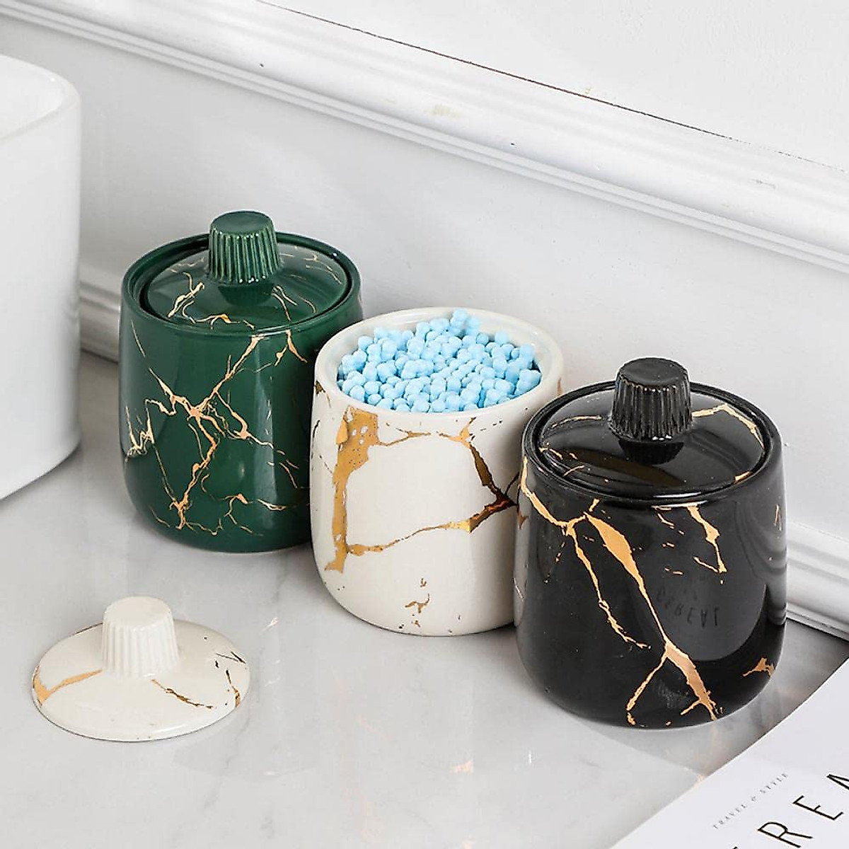 Gaolinci Marble Style Ceramic Q-Tip Holder Bathroom Cotton Swab Dispenser