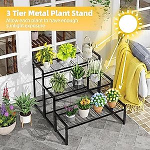 Simple Trending 3 Tier Metal Plant Stand Outdoor Indoor Waterproof, Stackable Heavy Duty Tall Plant Shelf Flower Pot Holder for Garden, Display Rack, Black