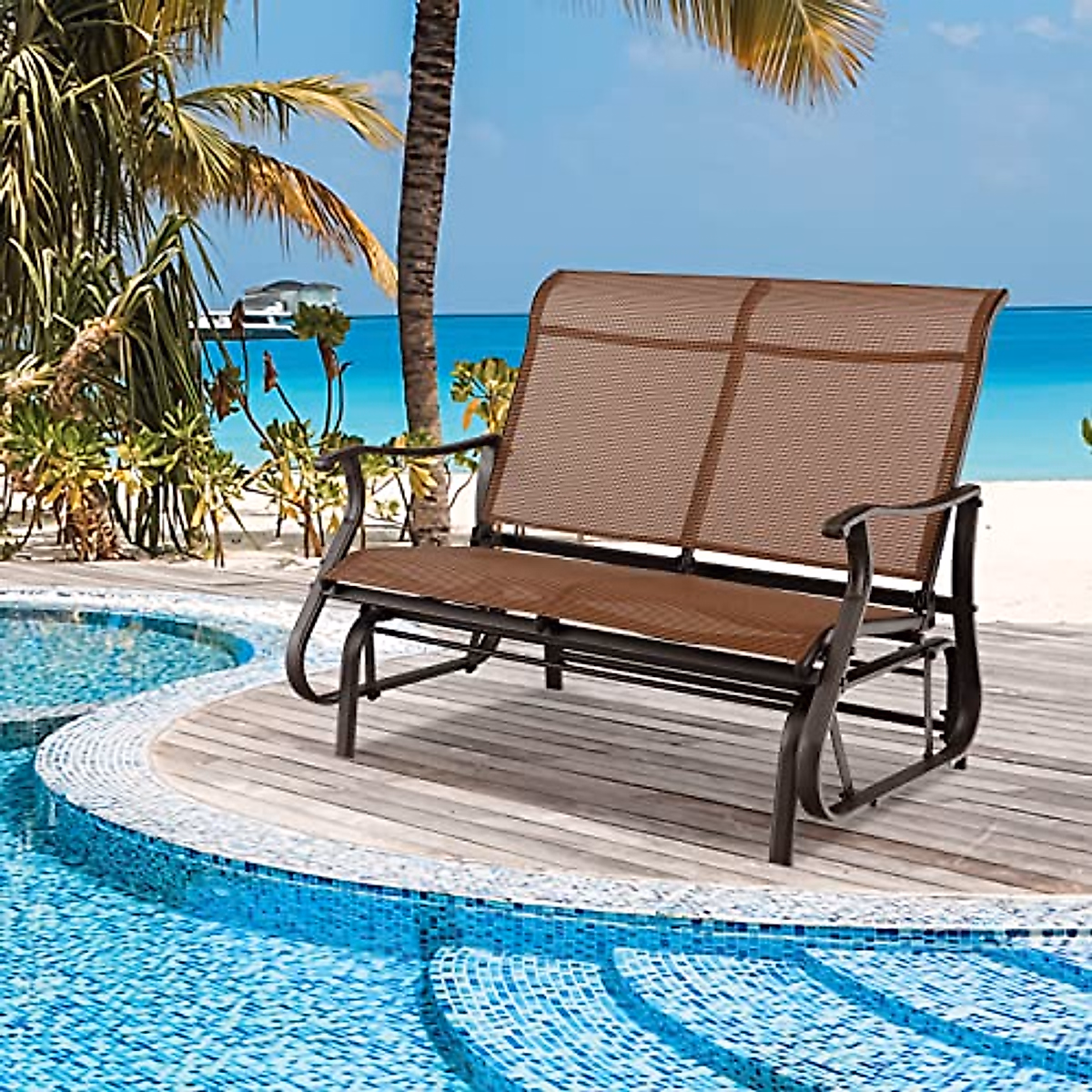 Tangkula Patio Glider Bench, 2-Person Outdoor Rocking Bench with High Back & Curved Armrests, Swing Glider Loveseat with Spacious Seat for Backyard, Balcony, Poolside, Porch (Brown)