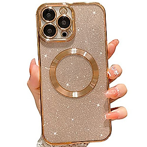 MGQILING Compatible with iPhone 13 Pro Max Magnetic Glitter Case, Luxury Plating Cute Bling Clear Phone Case, Compatible with MagSafe for Women Girls with Camera Protector Back Cover - Gold