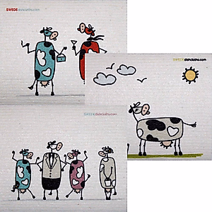Mixed Fun Cow Set of 3 Cloths (one of Each Design) Swedish Dishcloths | ECO Friendly Absorbent Cleaning Cloth | Reusable Cleaning Wipes
