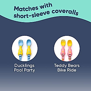 BIBaDO - Handi Toddler Cutlery, Food-Safe Toddler Utensils, Toddler Fork and Spoon Set, Toddler Eating Utensils for Babies 6 Months and Up, Attaches to Bibado Coverall Bib, Ducklings Pool Party