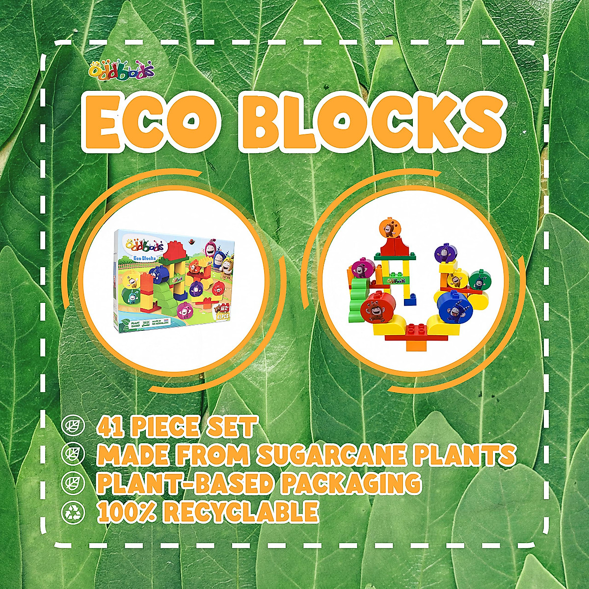 ODDBODS Eco Blocks, Sugarcane Plant-Based Building Block Toys for Toddlers and Preschool Kids, Compatible with Other Building Block Toys, Multicolor, 41 Piece Starter Set
