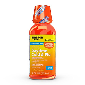 Amazon Basic Care Daytime Cold and Flu Relief, Non-Drowsy, Liquid Medicine, Original Flavor, 12 fl oz (Pack of 1)