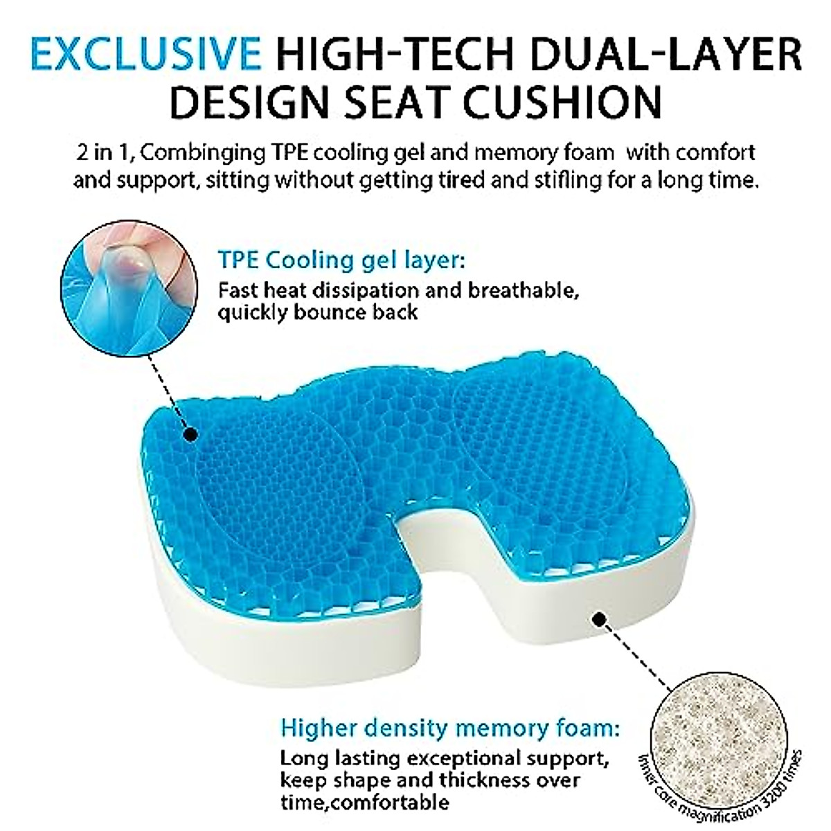 Gel Seat Cushion & Memory Foam Seat Cushions for Chair - Seat Cushion for Sciatica Coccyx Back Tailbone&Lower Back Pain Relief, Chair Pillow with Pressure Support for Driving, Office&Desk Chair, Black