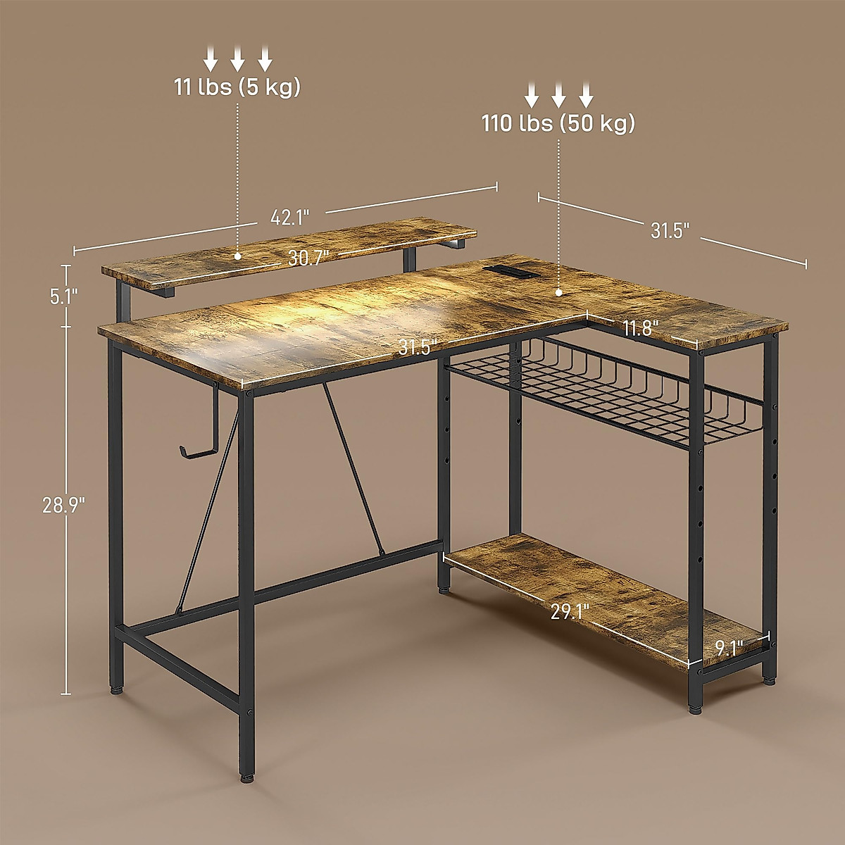 HOMCOM 42" L Shaped Desk with LED Lights, Power Outlet, USB Charging Ports, Reversible L Shaped Computer Desk with Storage Shelves, Monitor Stand, Corner Gaming Desk for Home Office, Rustic Brown