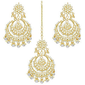 Aheli Bollywood Ethnic Chandbali Style Big Earrings Maang Tikka Set Indian Traditional Bollywood Fashion Jewelry for Women (Grey)