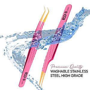 Eyelash Extension Tweezers Lash Extension Precision Tweezers Straight & Curved Set of 2 Pieces 14cm, Pink