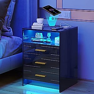 HNEBC LED Nightstand with Charging Station, High Gloss Black Night Stands with Wireless/USB/Type-C Charging Station, Human Body Induction Smart Bedside Tables, 3 Drawers/20 Color Modes