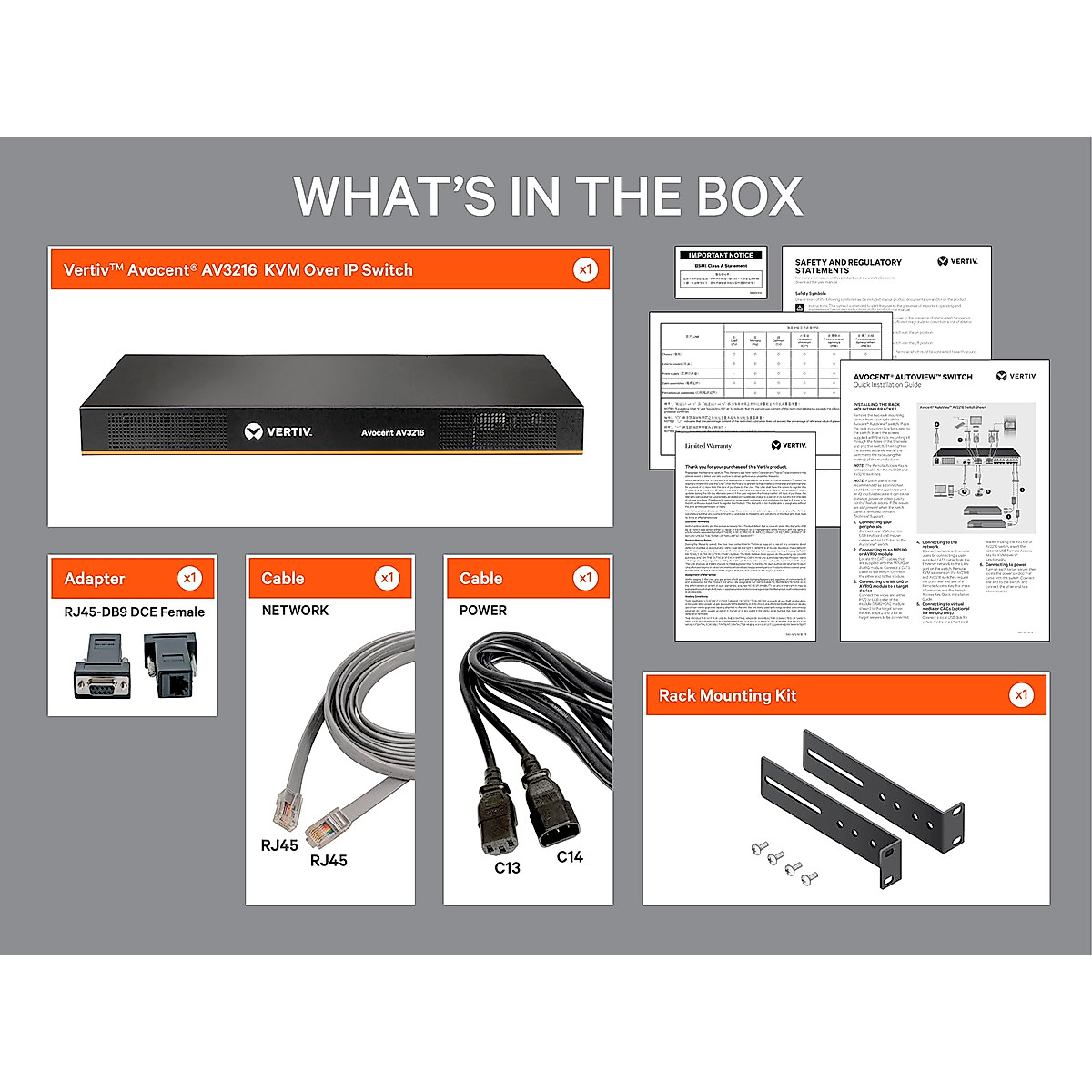 Vertiv Avocent AV3000 Rackmount KVM Over IP Switch, 16 Port KVM switches, Common Access Card (CAC), Local and Remote Access, Centralized Management, VGA, DisplayPort, DVI, HDMI, VGA Cable (AV3216-400)
