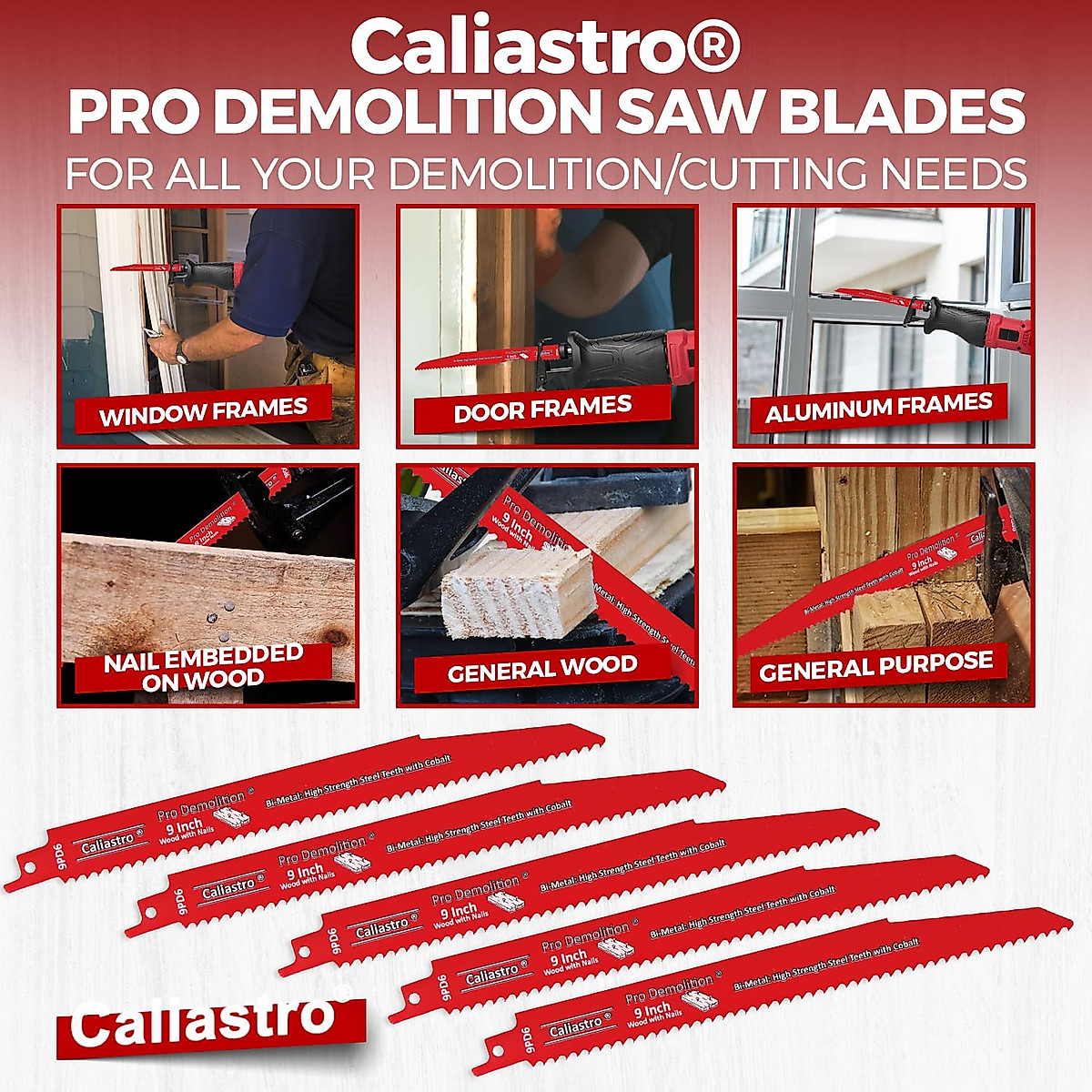 9-Inch Wood with Nails Demolition Reciprocating Saw Blades Made of Long Lasting Bi-Metal with Cobalt Teeth for Reciprocating/Sawzall Saws - 5 Pack - Caliastro